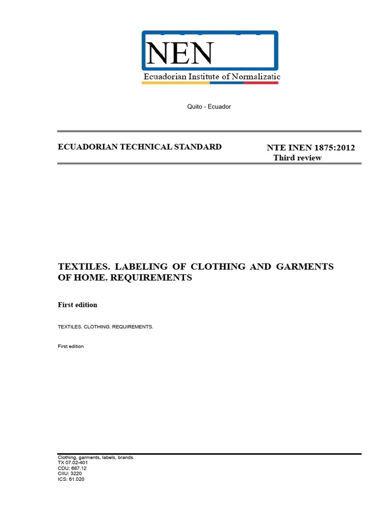 NTE INEN 1875 2012 Regulations for Garment Labeling | PDF | Textiles | Clothing