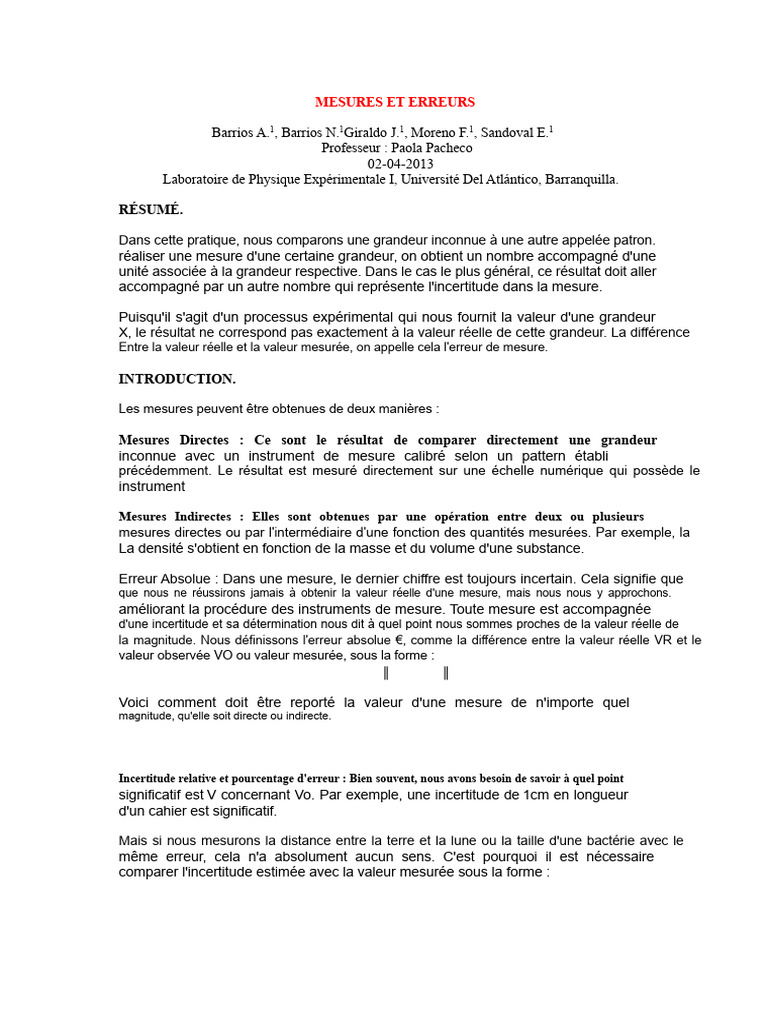Rapport de Laboratoire 1 Mesures Et Erreurs | PDF | Le volume ...