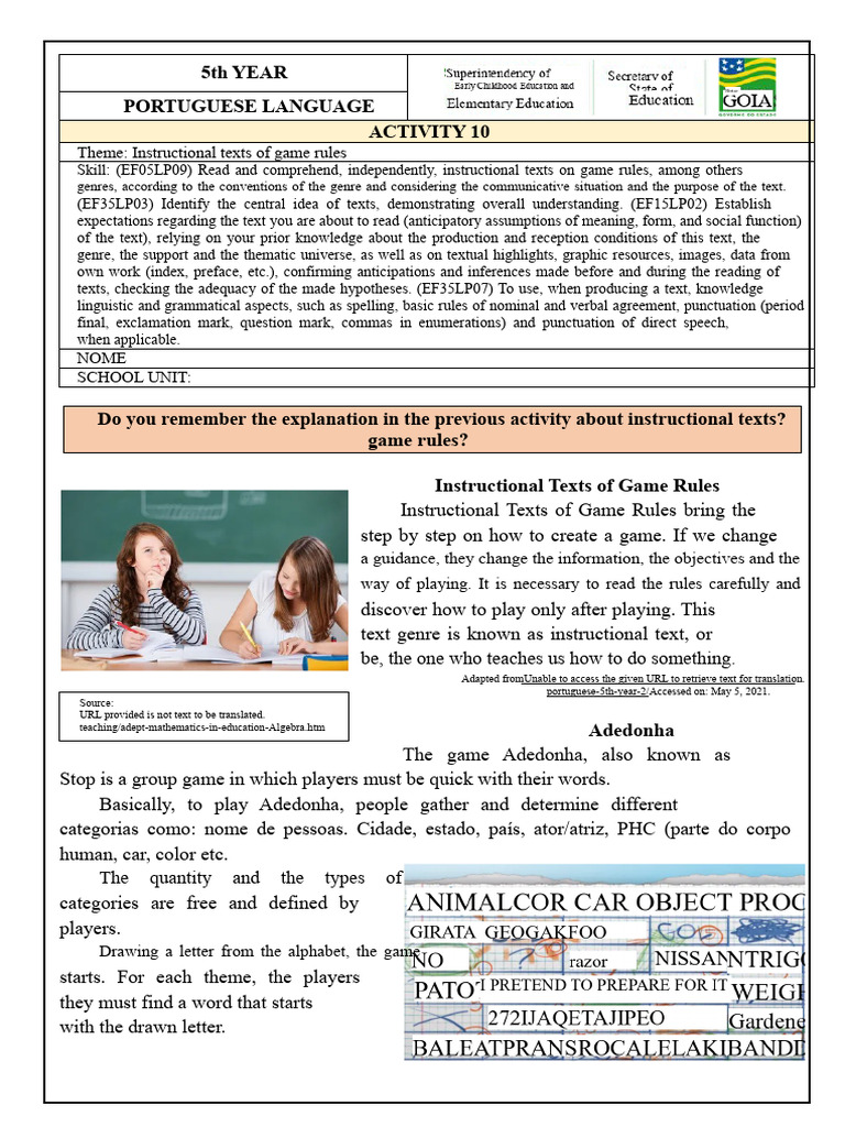 Activity 10 - 5th Grade - Portuguese Language - Instructional Text ...