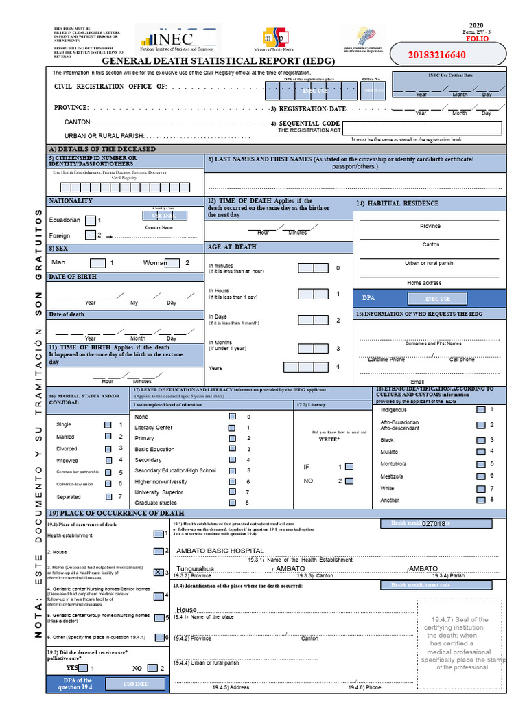 General Death Statistical Report Form | PDF | Death | Birth Certificate