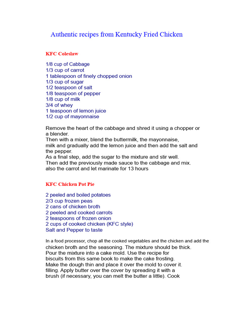 The Authentic Kitchen of Kentucky Fried Chicken | PDF | Coleslaw | Foods