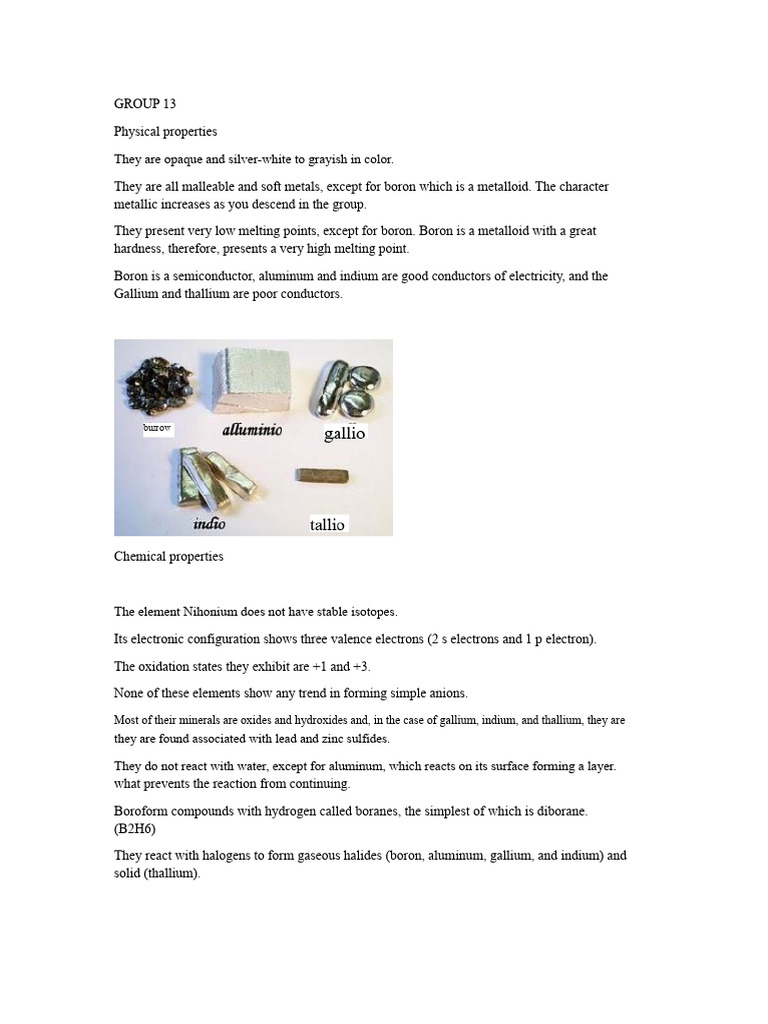 Group 13 Elements: Properties & Uses | PDF | Nitrogen | Metals