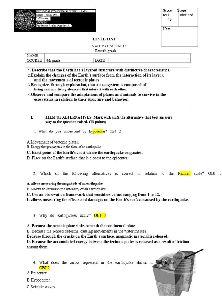 4th Grade Natural Sciences Test Guide | PDF | Earthquakes | Plate Tectonics