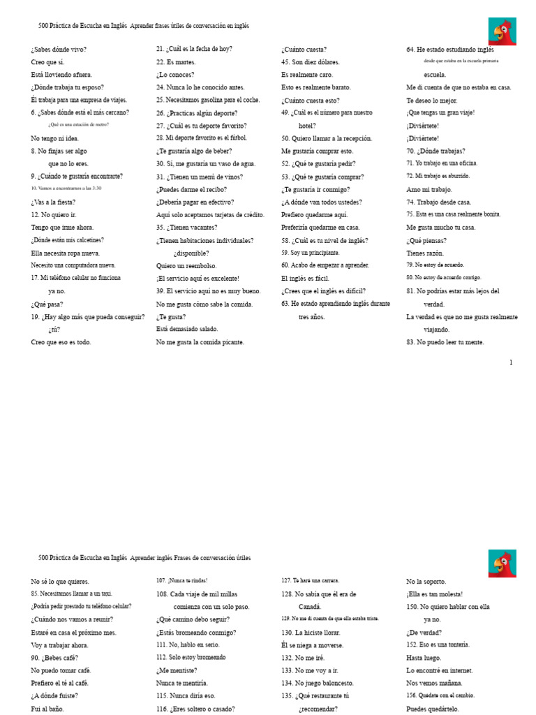 500 Práctica de Escucha en Inglés ? Aprende Frases Útiles para Conversar en Inglés | PDF