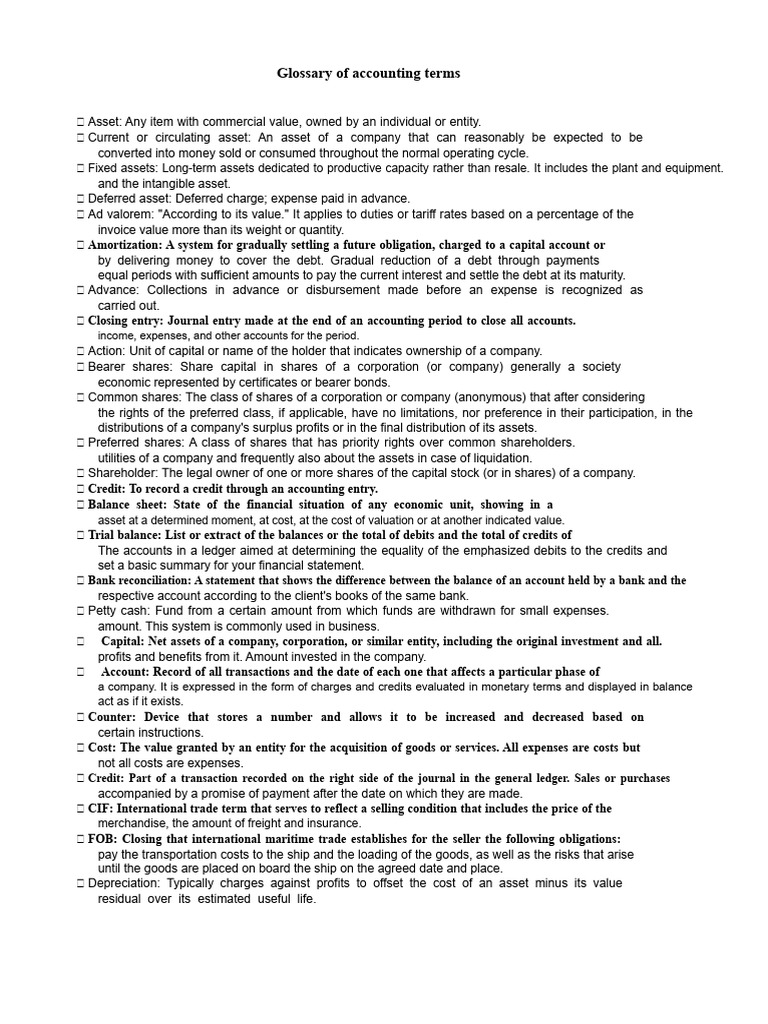 Accounting Terms Glossary | PDF | Debits And Credits | Balance Sheet