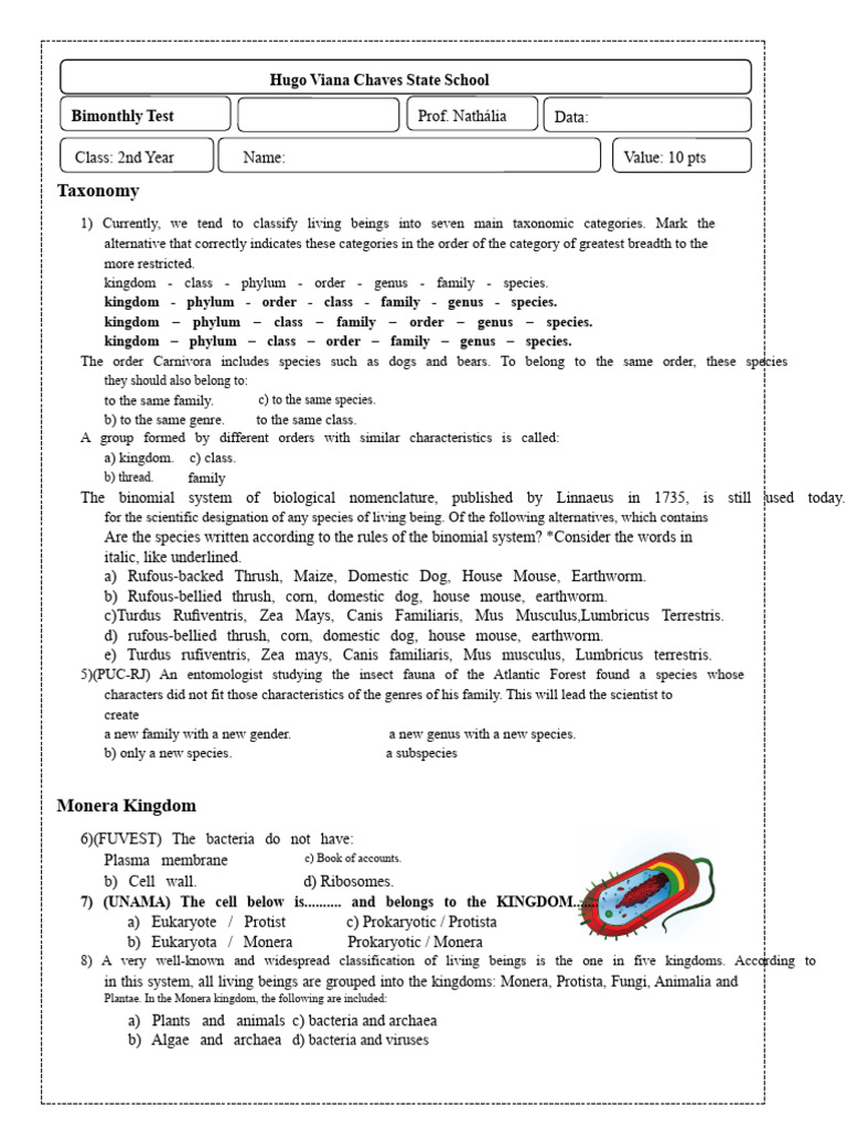 2nd Year Taxonomy Bimonthly Test | PDF | Fungus | Protozoa
