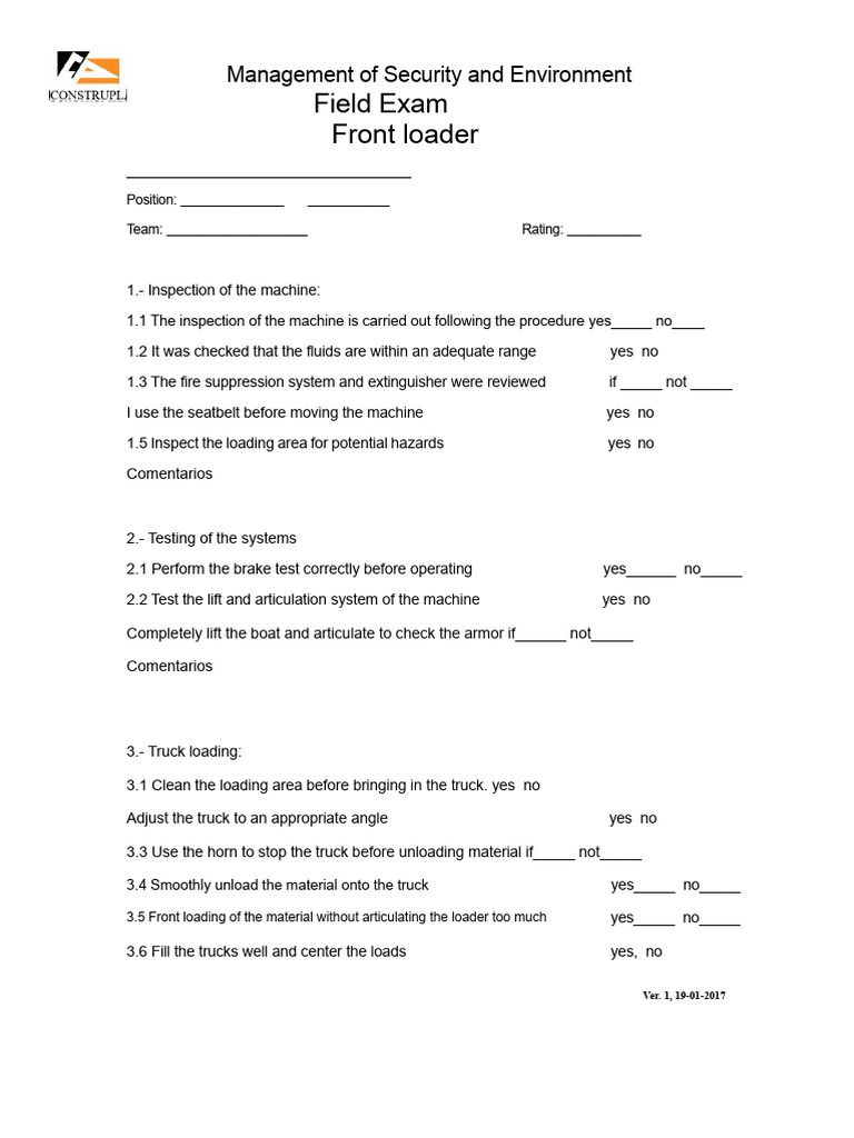 Practical Evaluation Front Loader | PDF | Safety