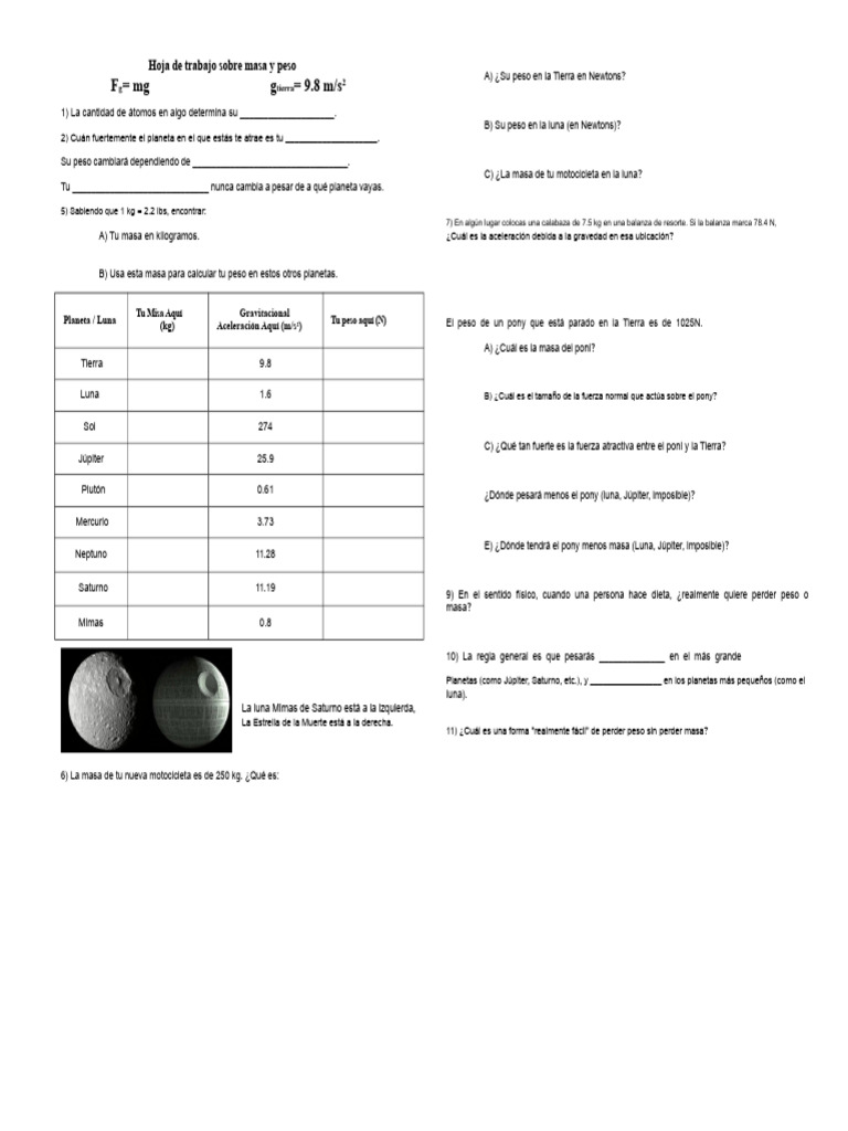 Hoja de Trabajo Sobre Masa y Peso | PDF | Masa | Gravedad
