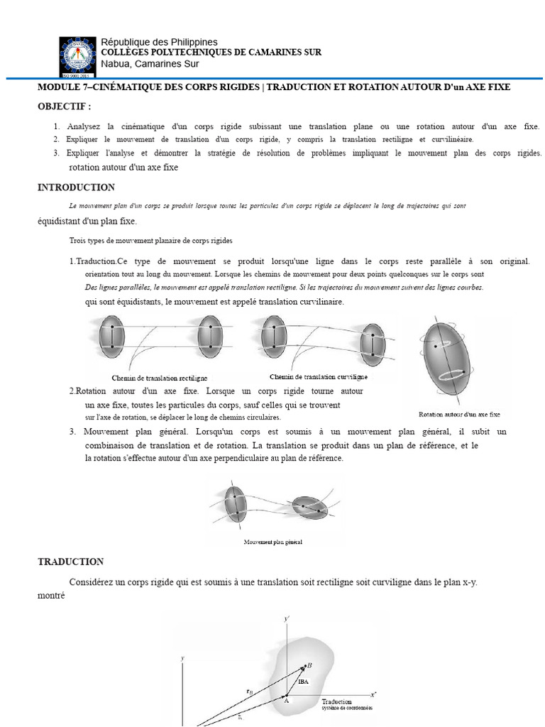 Cinématique des corps rigides : translation et rotation | PDF ...