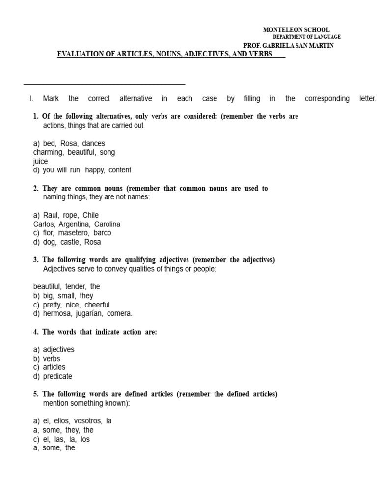 EVALUATION ARTICLES Verbs Nouns | PDF | Adjective | Noun