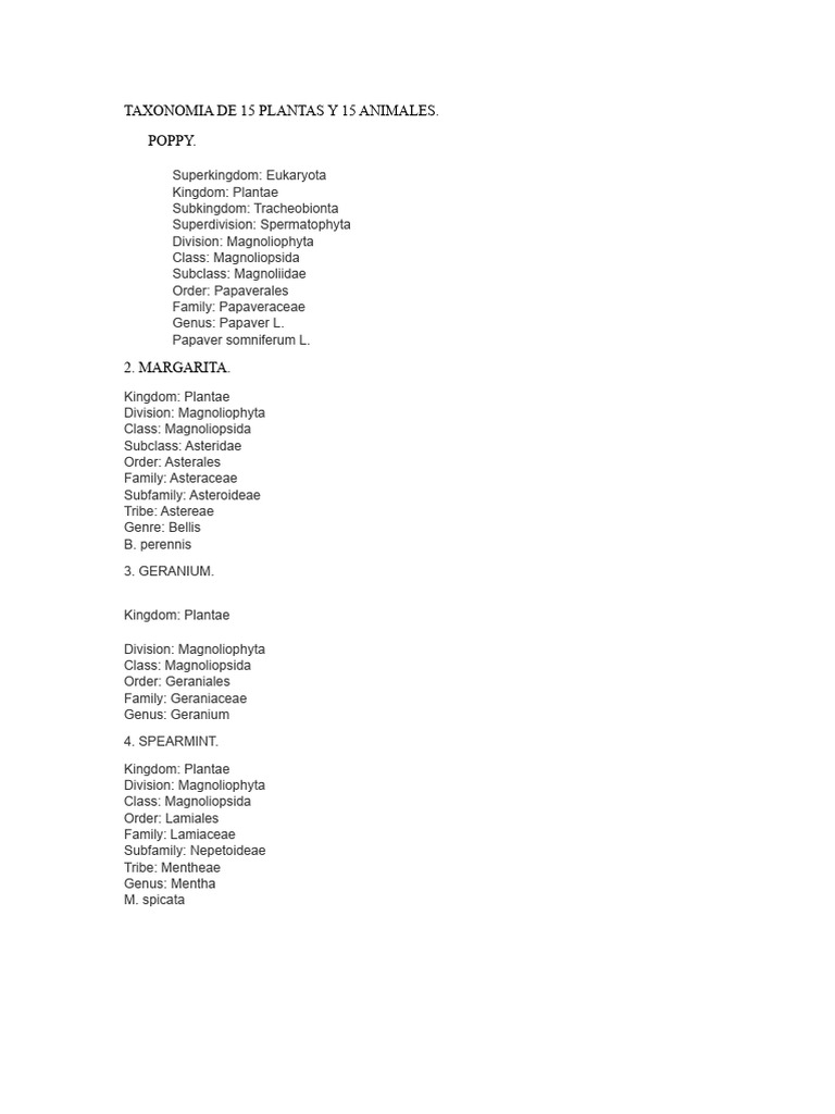 Taxonomy of 15 Plants and 15 Animals | PDF
