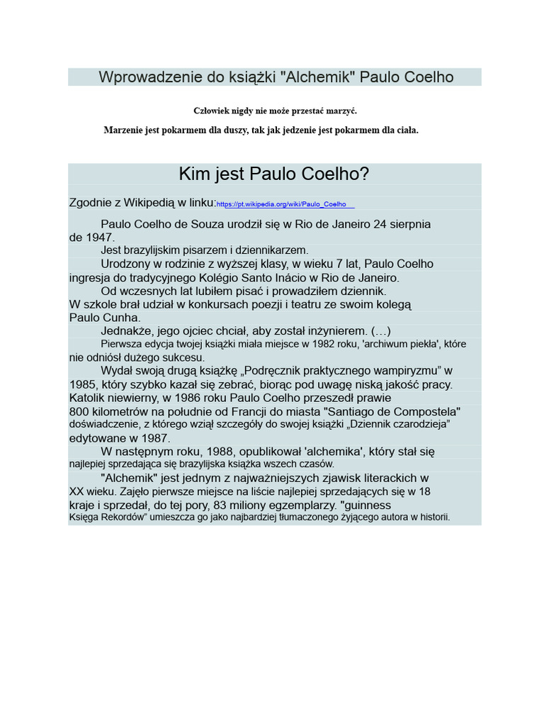 Alchemik Wprowadzenie Do Książki | PDF