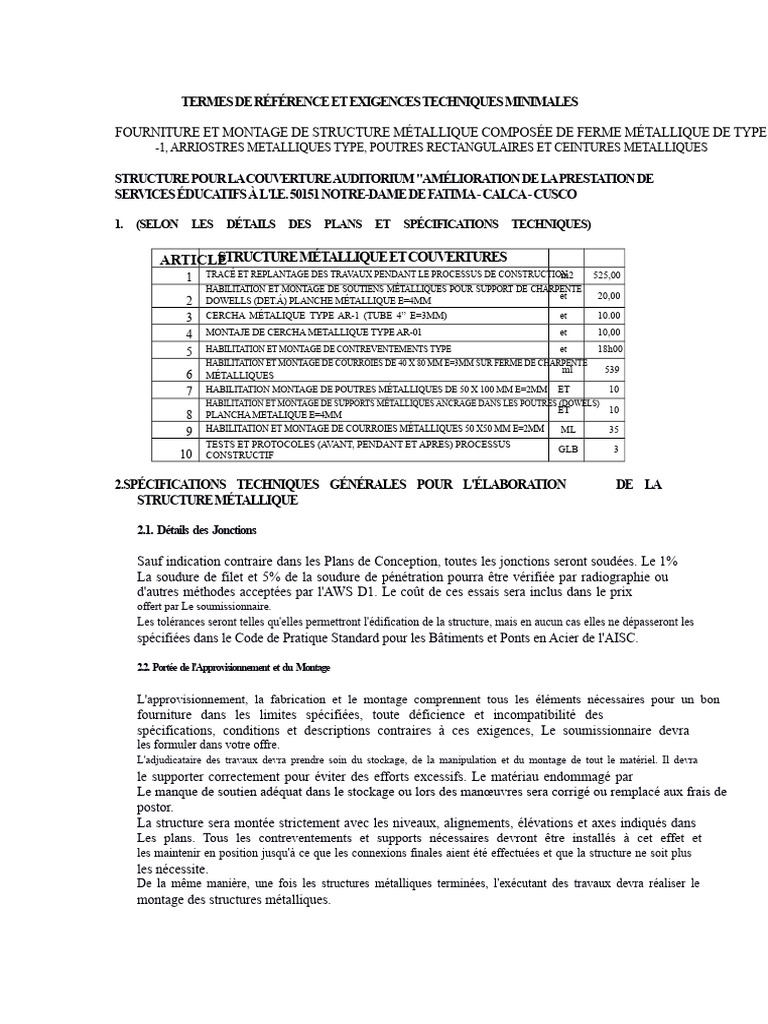 TDR Termes de Référence Structure Calca-1 | PDF | Soudage | Construction