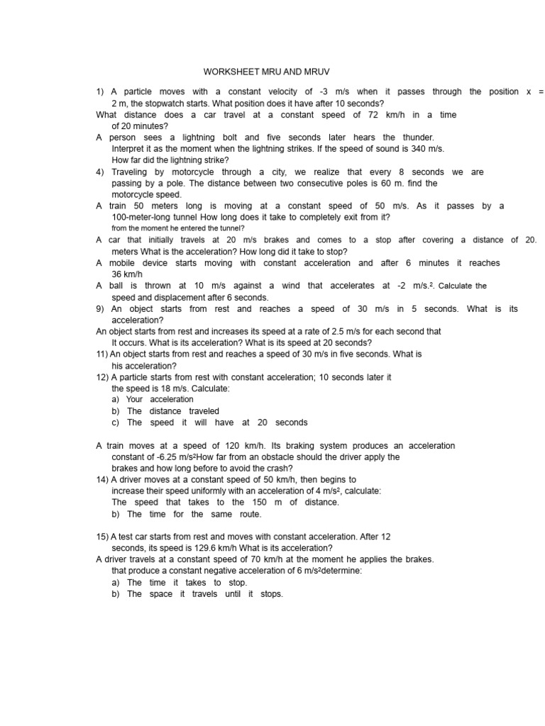 MRU and MRUV Physics Worksheet | PDF | Acceleration | Speed