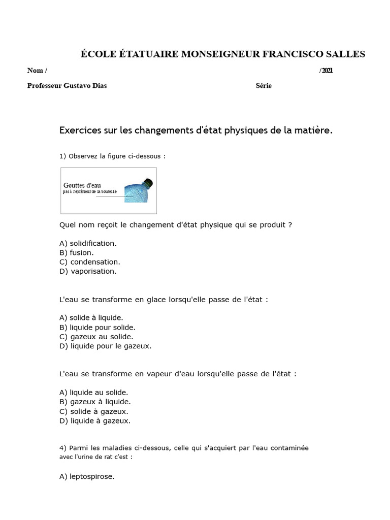 Exercices sur les changements d'état de l'eau | PDF | Eau | Matière
