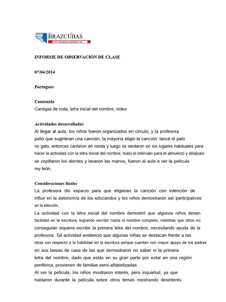 Informe de Observación de Clase Emei | PDF | Salón de clases | Bailes