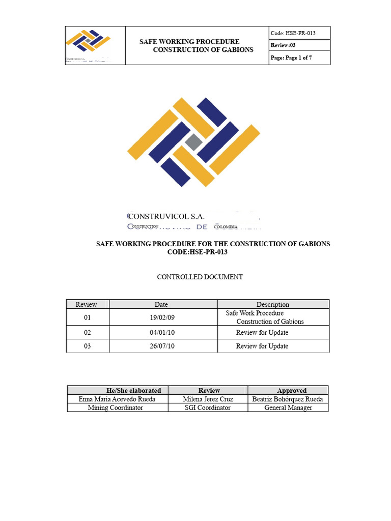 Safe Work Procedure For The Construction of Gabions | PDF ...