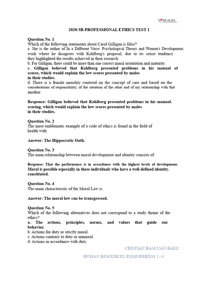Professional Ethics Test Overview | PDF | Morality | Psychological Concepts