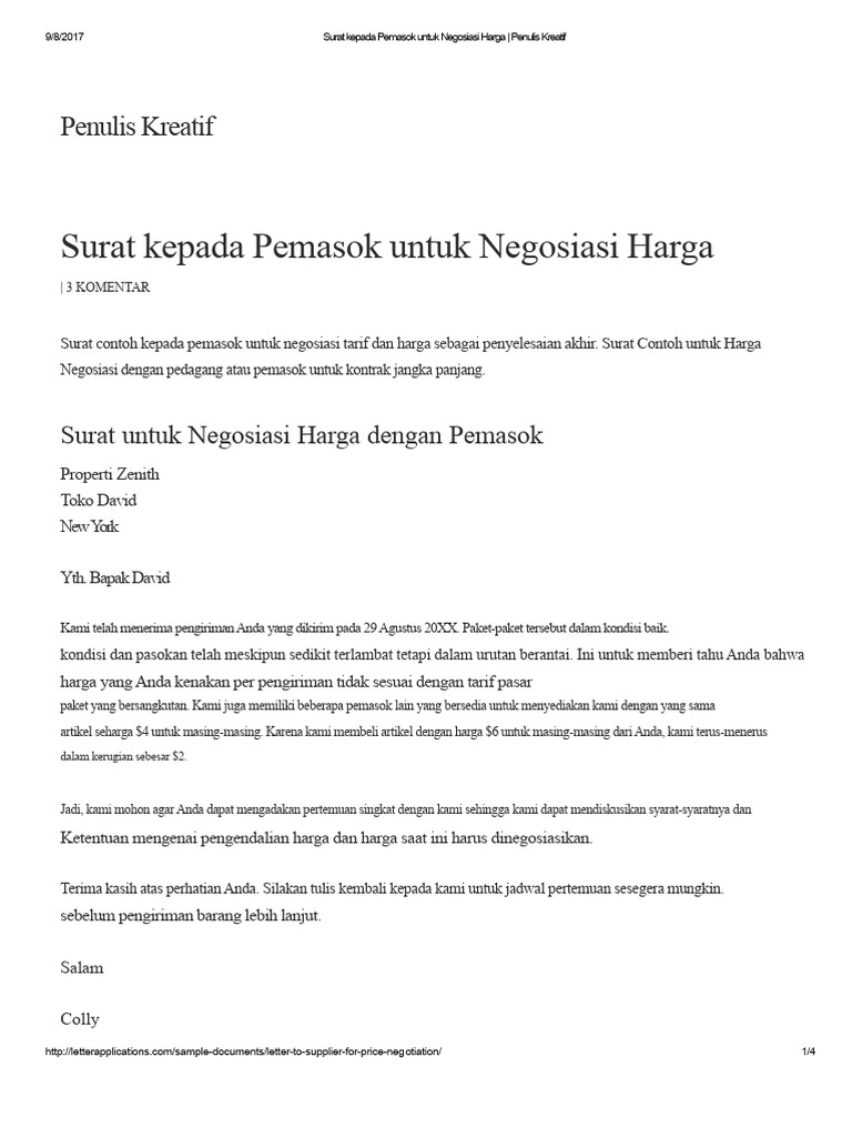 Surat Negosiasi Harga Pemasok | PDF