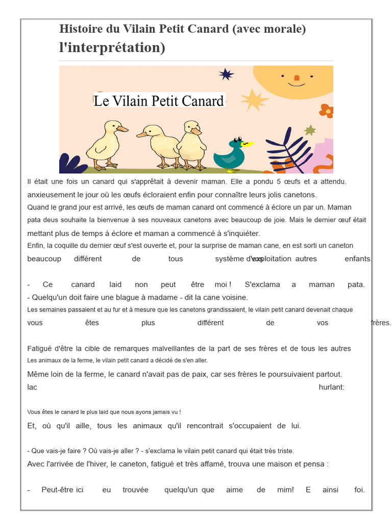 Le Vilain Petit Canard : Morale et Histoire | PDF | Le Vilain Petit Canard