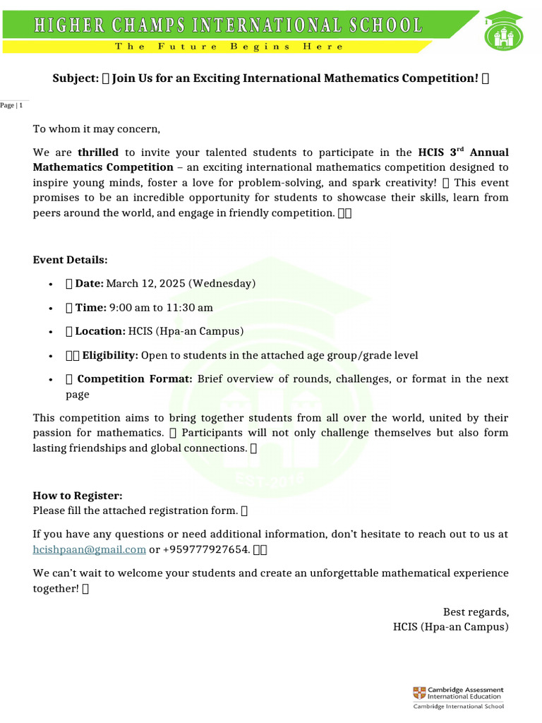 Invitation Letter of Maths Competition To The Other Schools - 2025 | PDF