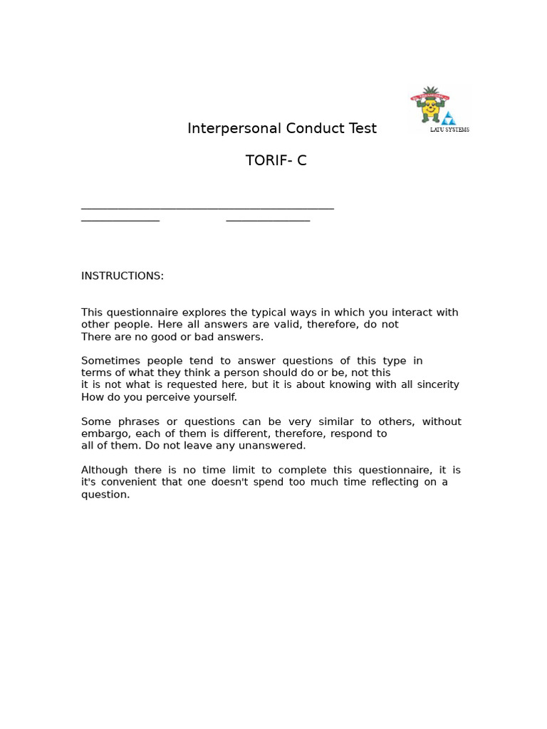 Interpersonal Conduct Questionnaire | PDF | Questionnaire | Psychology