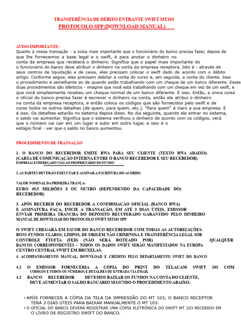 Procedimento SWIFT MT103 para Transferência | PDF | Bancos | Cheque (banco)