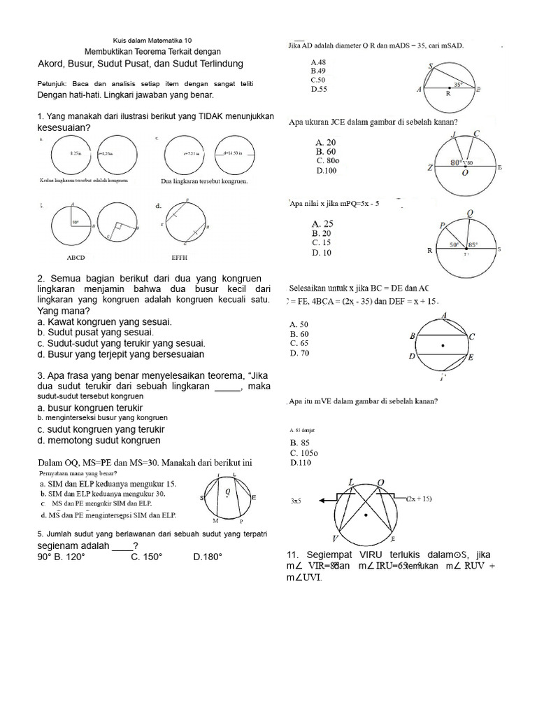 Kuis Teorema Lingkaran Matematika 10 | PDF