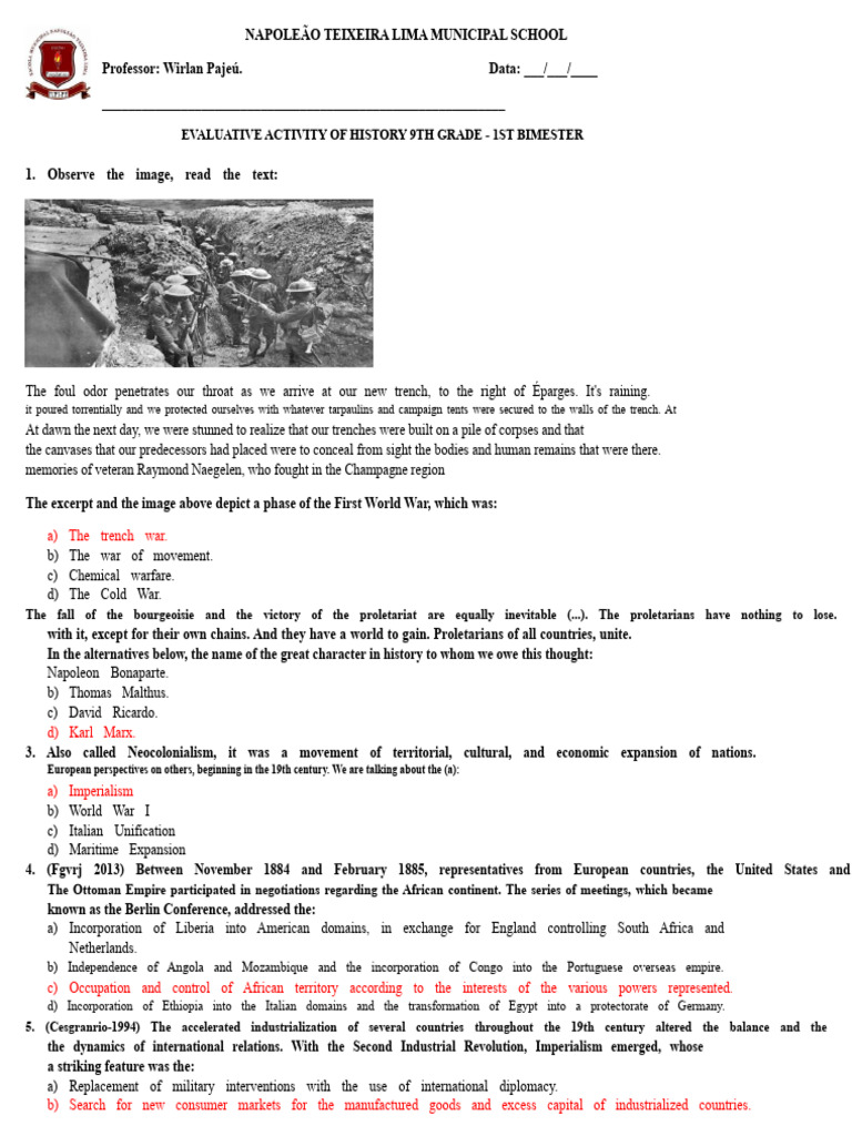 9th Grade History Exam: WWI Focus | PDF | Russian Revolution | World War I