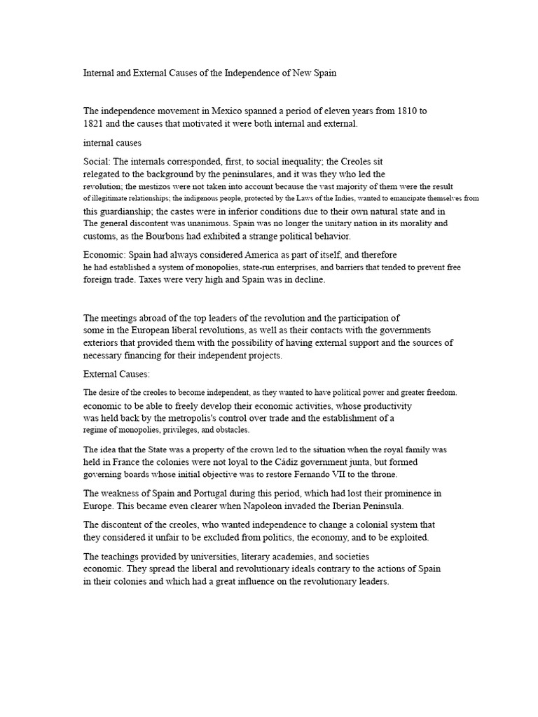 Internal and External Causes of The Independence of New Spain | PDF ...