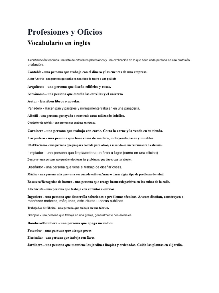 Vocabulario de Profesiones y Oficios | PDF