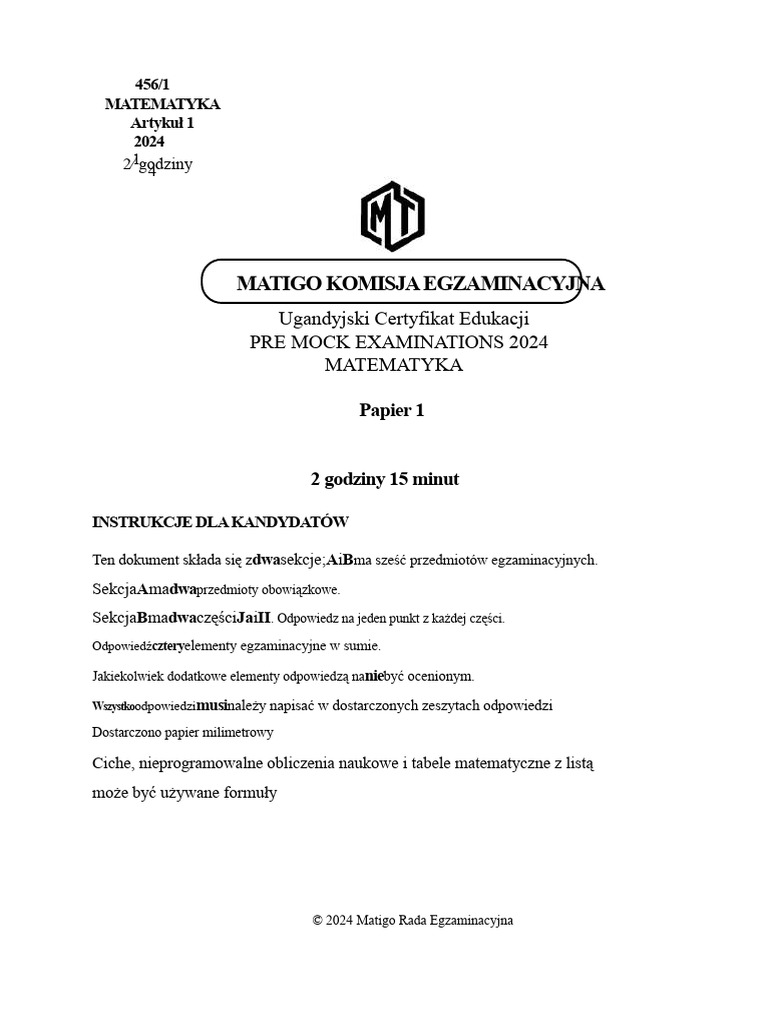 Matigo Pre Mocks 2024 Uce MTC 1 | PDF