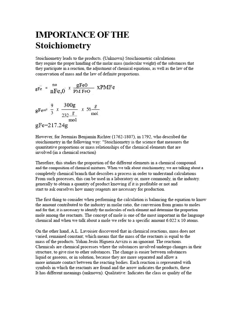 Significance of Stoichiometry in Chemistry | PDF | Stoichiometry | Mole ...
