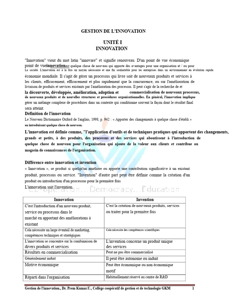 Comprendre l'Innovation en Entreprise | PDF | Innovation | Entrepreneuriat