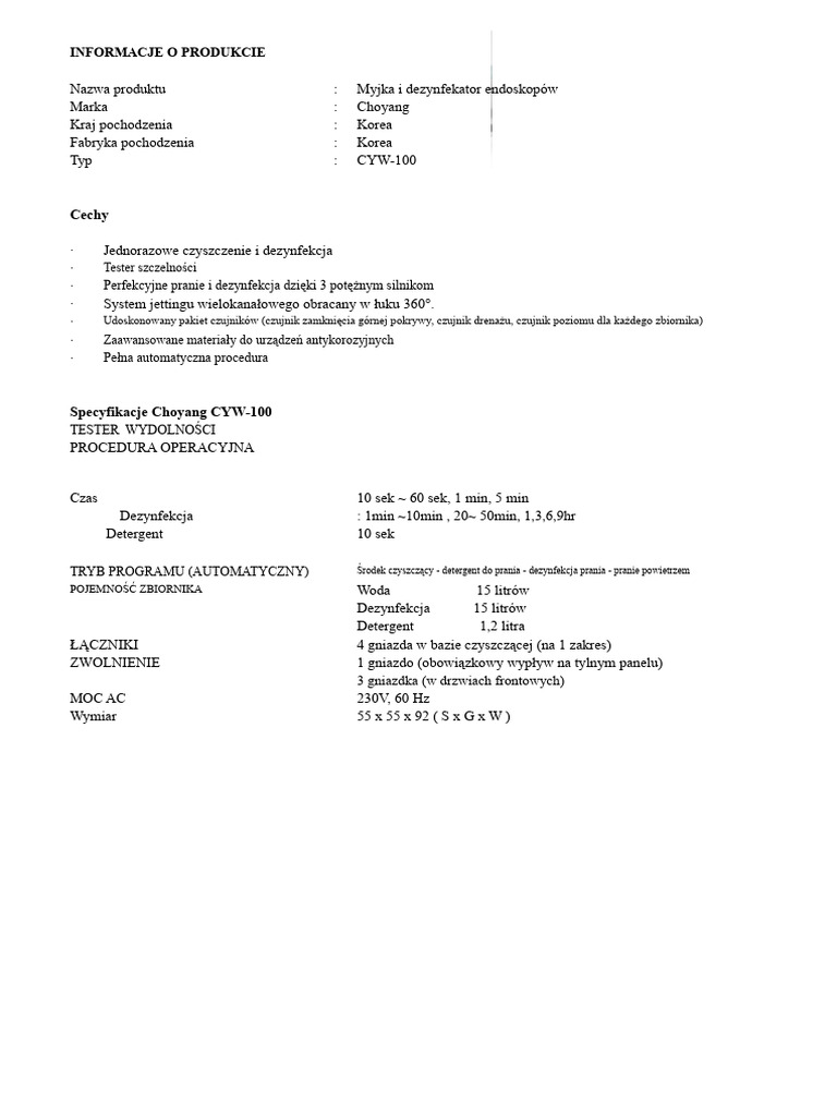 Specyfikacja Myjki I Dezynfektora Endoskopów Choyang CYW-100 | PDF