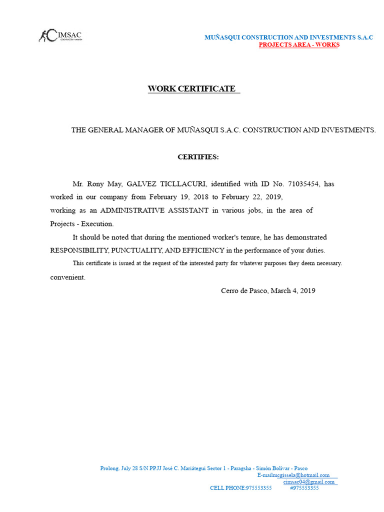 Work Certificate for Rony May Galvez | PDF