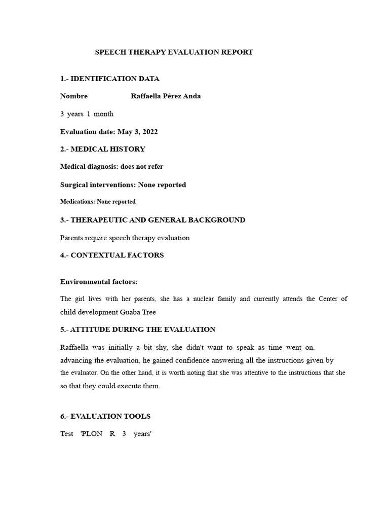 Speech Therapy Evaluation Report | PDF | Evaluation | Linguistics