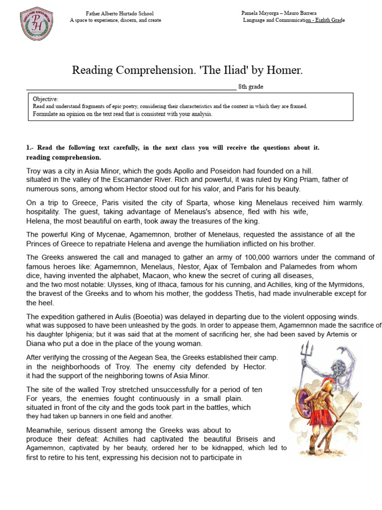 8° Reading comprehension The Iliad | PDF | Hector | Iliad