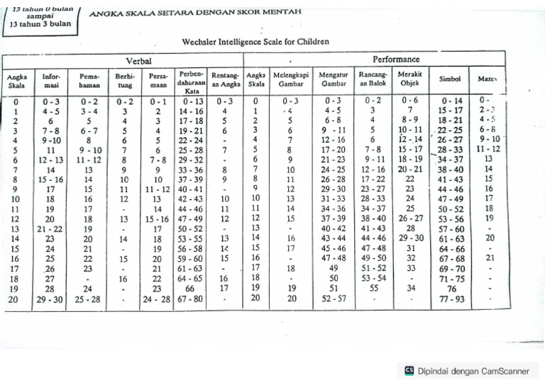 Tabel Angka Skala Setara Dengan Skor Mentah u13 Th 0 Bulan - 13 Th 3 ...