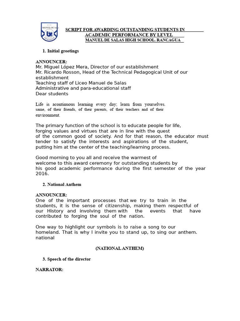 Script For Awarding Outstanding Students in Academic Performance by Level | PDF