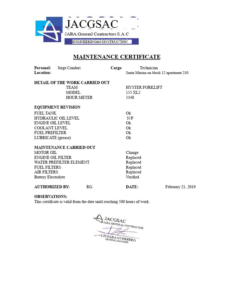 Hyster Forklift Maintenance Certificate | PDF