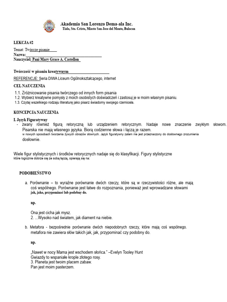 Akademia San Lorenzo Dema-Ala Inc.: Lekcja #2 Nazwa | PDF