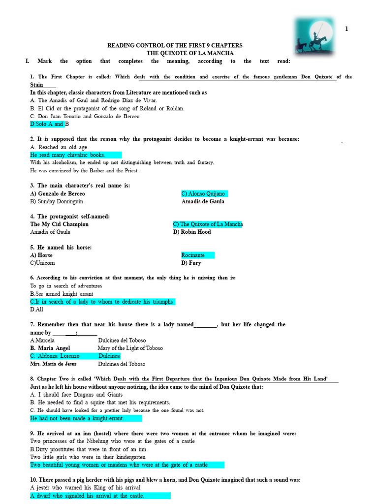 Reading Control Questions - Don Quixote | PDF | Don Quixote | Spanish ...