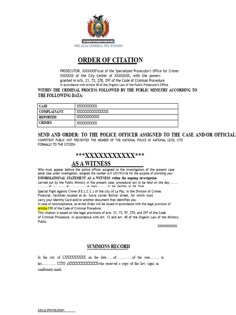 Witness Citation Order for Criminal Case | PDF