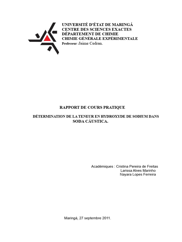 Rapport de Cours 21. Détermination de La Teneur en Hydroxyde de Sodium ...