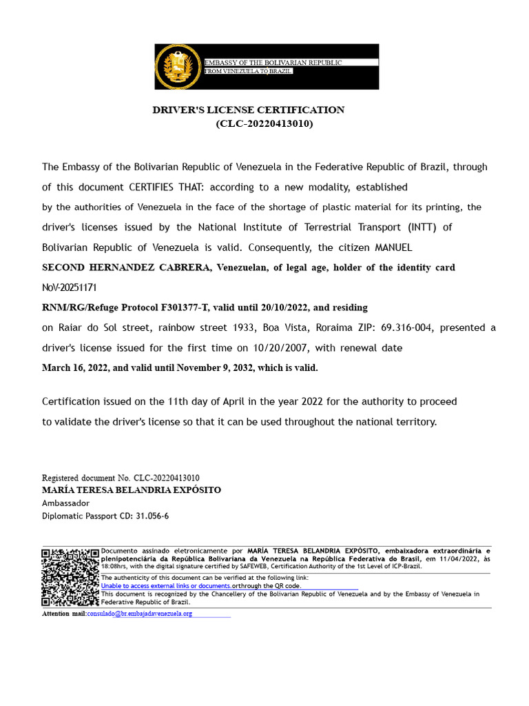 Driver's License Certification Manuel Segundo | PDF