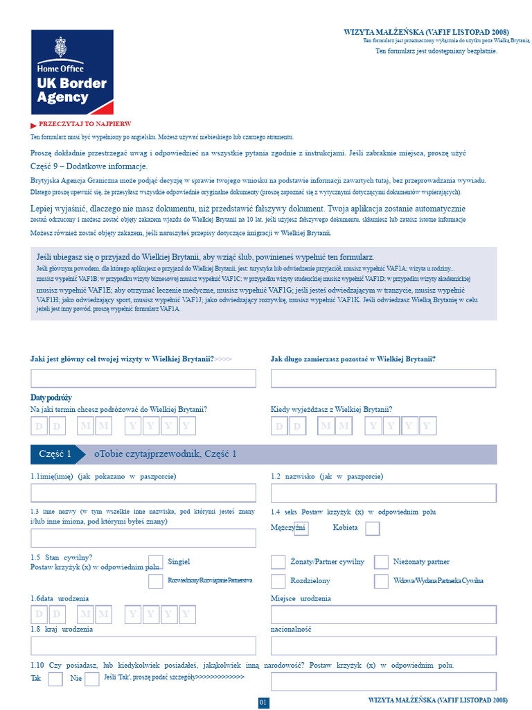 Formularz Aplikacyjny VAF1F - Formularz Wizyty Małżeńskiej | PDF