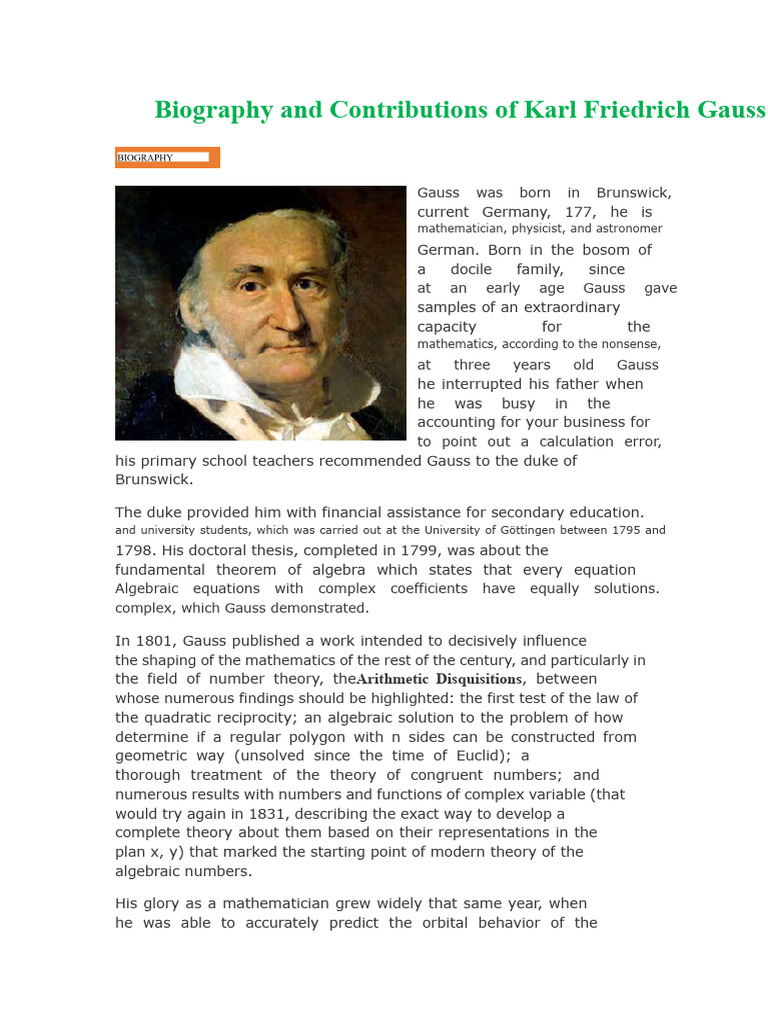 Biography and Contributions of Karl Friedrich Gauss | PDF | Matrix ...