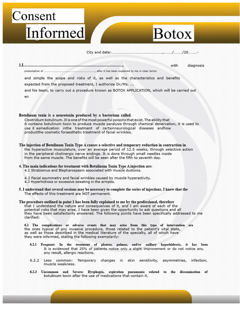INFORMED CONSENT - BOTOX | PDF | Botulinum Toxin | Medical Specialties