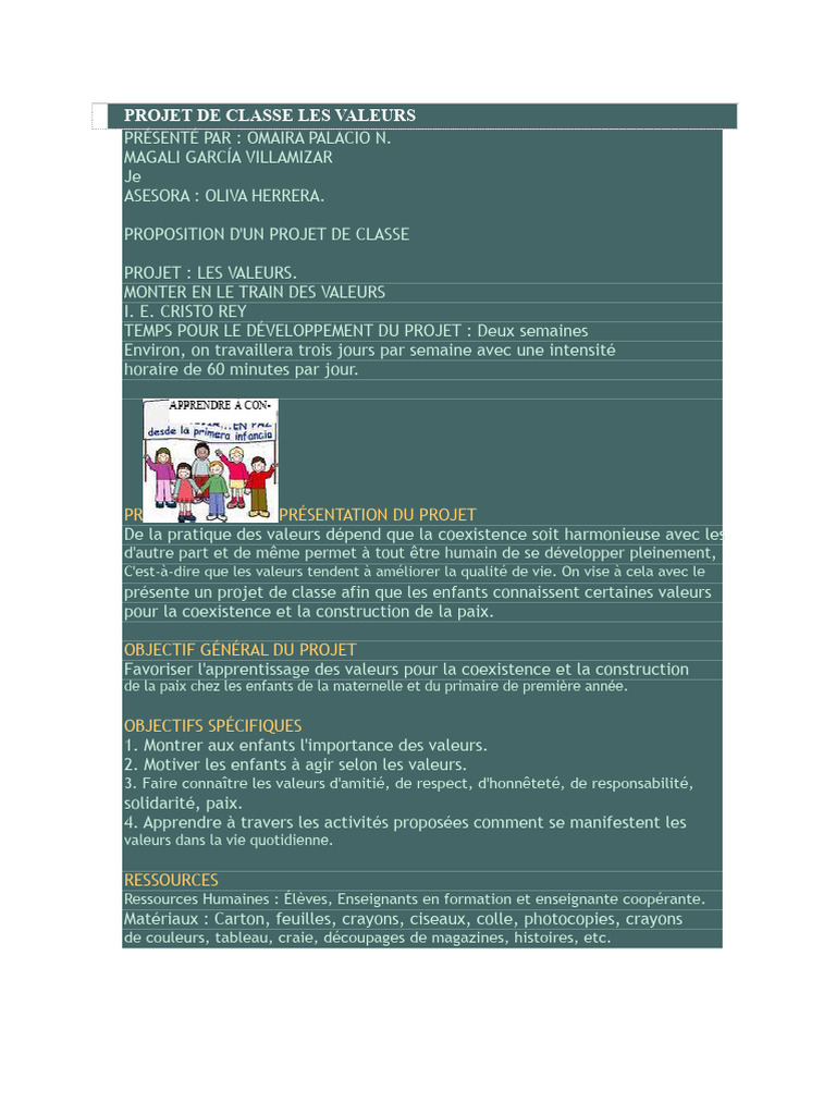 Projet de Classe sur les Valeurs éducatives | PDF